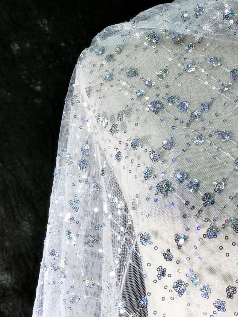 Sequined Rhinestone Embroidery Lace Fabric Rhinestone Soft White Tulle ...