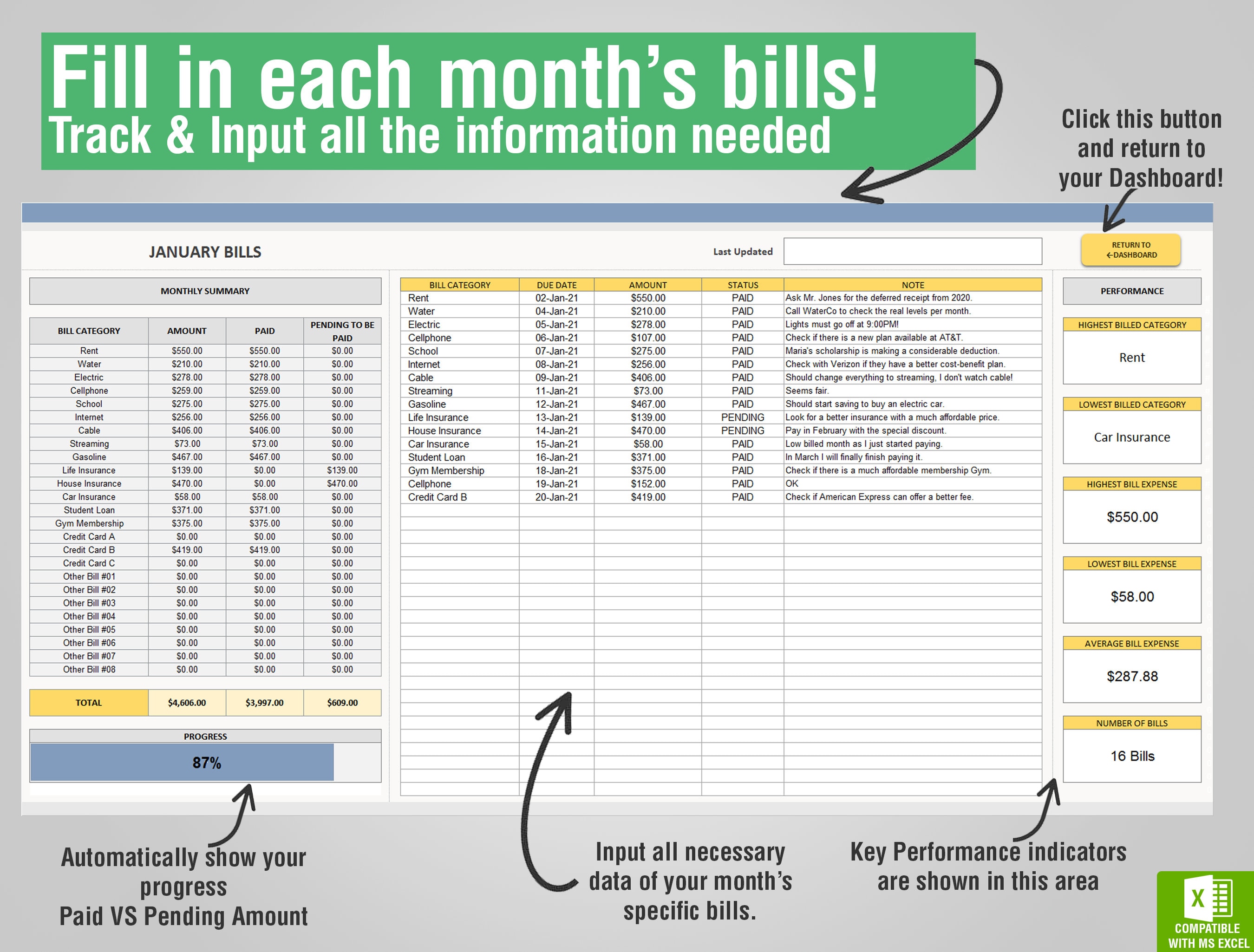 Monthly Bill Tracker Excel Template | Bill Payment Planner | Expense ...