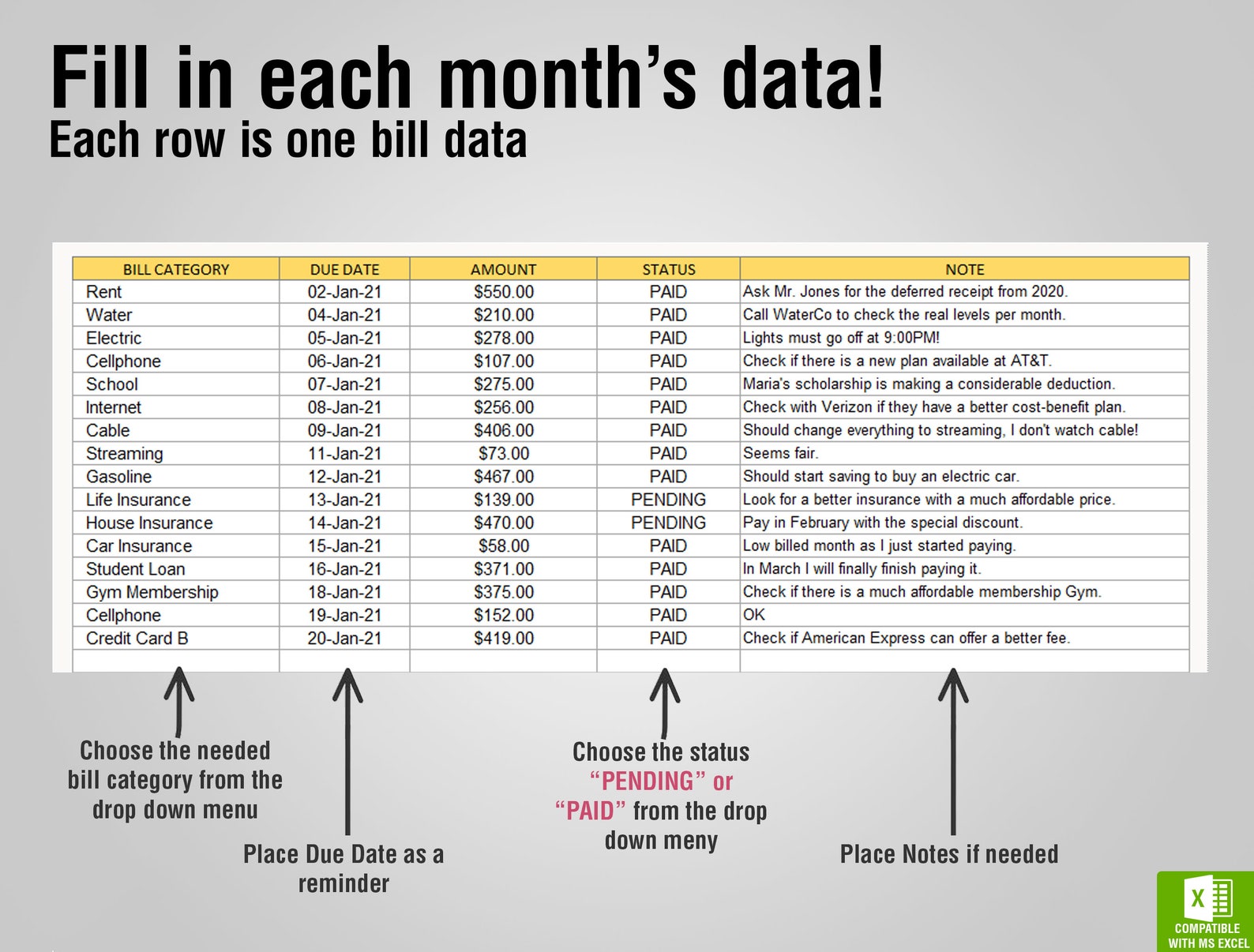 Monthly Bill Tracker Excel Template | Bill Payment Planner | Expense ...