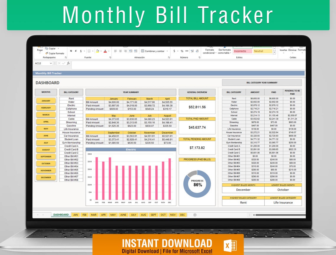 Monthly Bill Tracker Excel Template | Bill Payment Planner | Expense ...