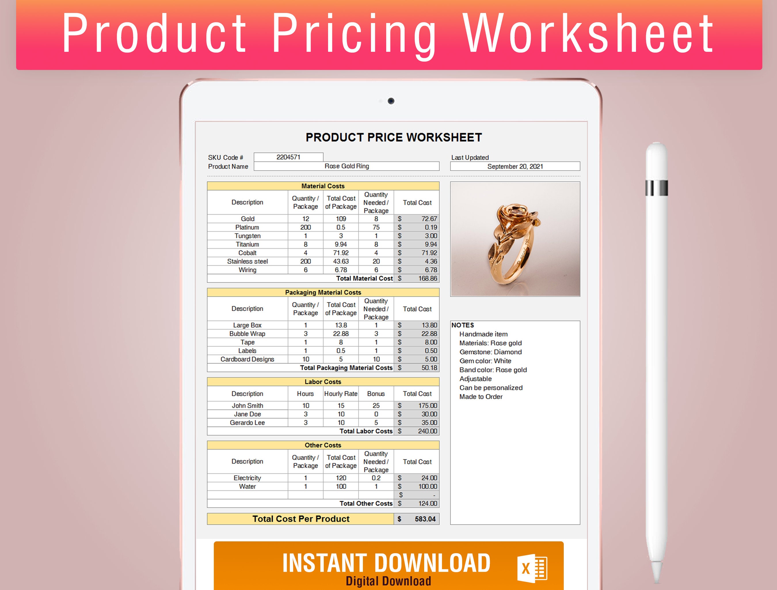 Product Pricing Worksheet | Etsy or General Use, Pricing Spreadsheet ...