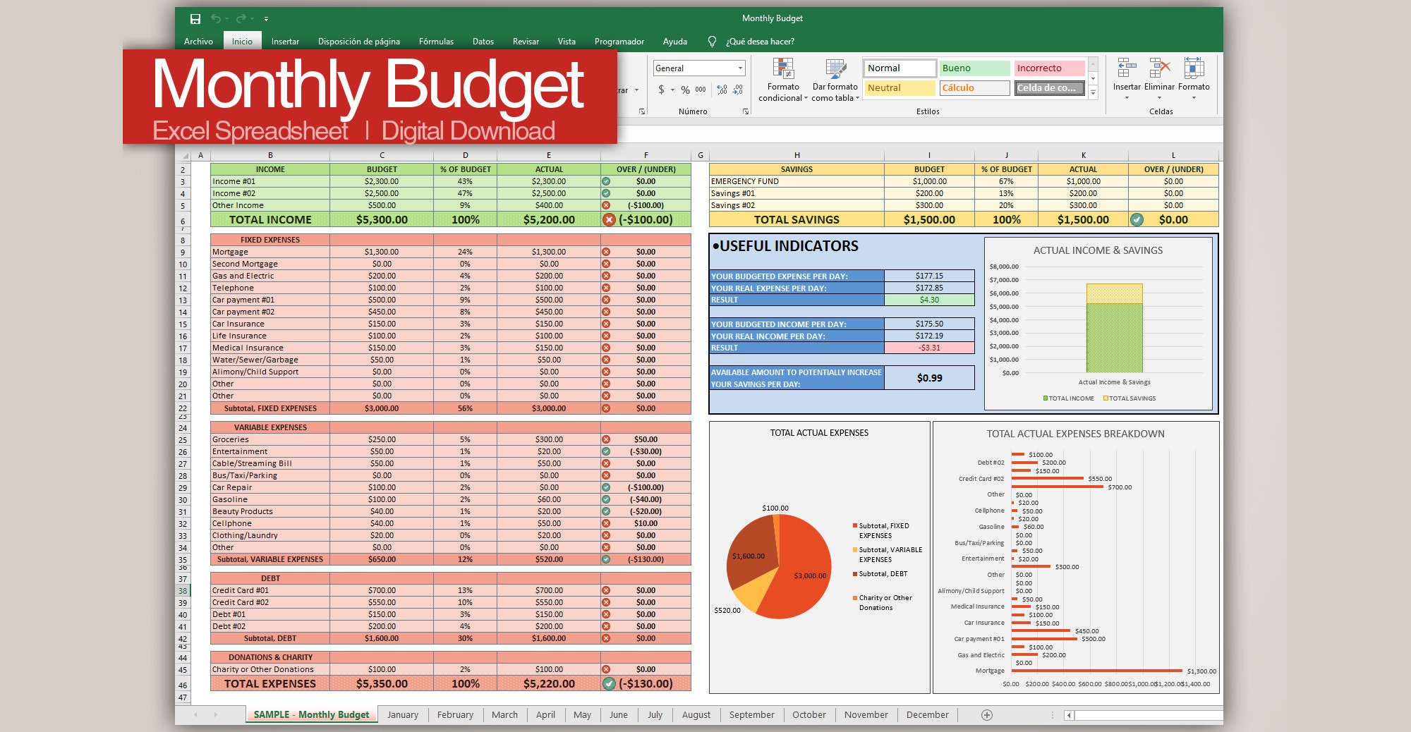 Monthly Budget Template | Zero-based Budget | Excel Spreadsheet ...