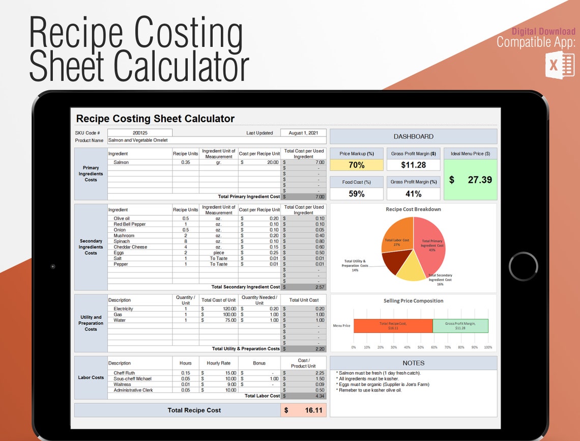 Recipe Cost Calculator, Cooking Pricing Calculator, Recipe Costing ...
