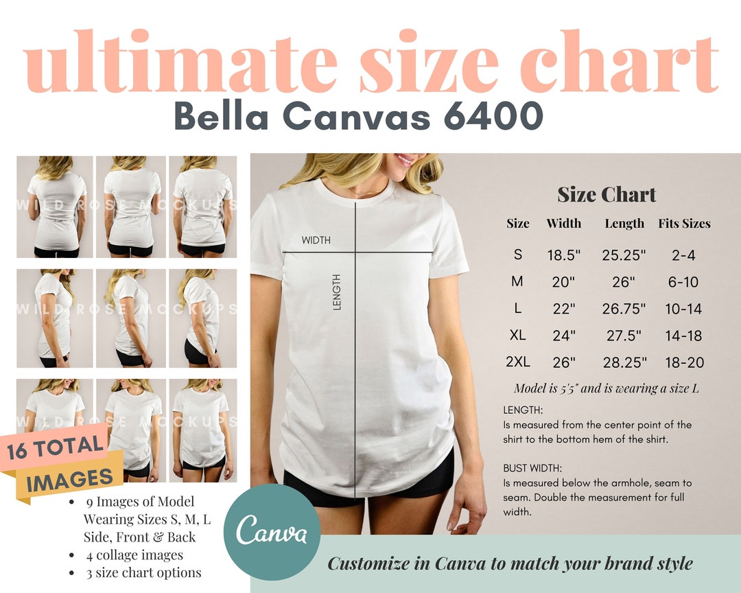 Bella Canvas Size Chart | 6400 Size Chart | Modeled Mockup Size Chart ...