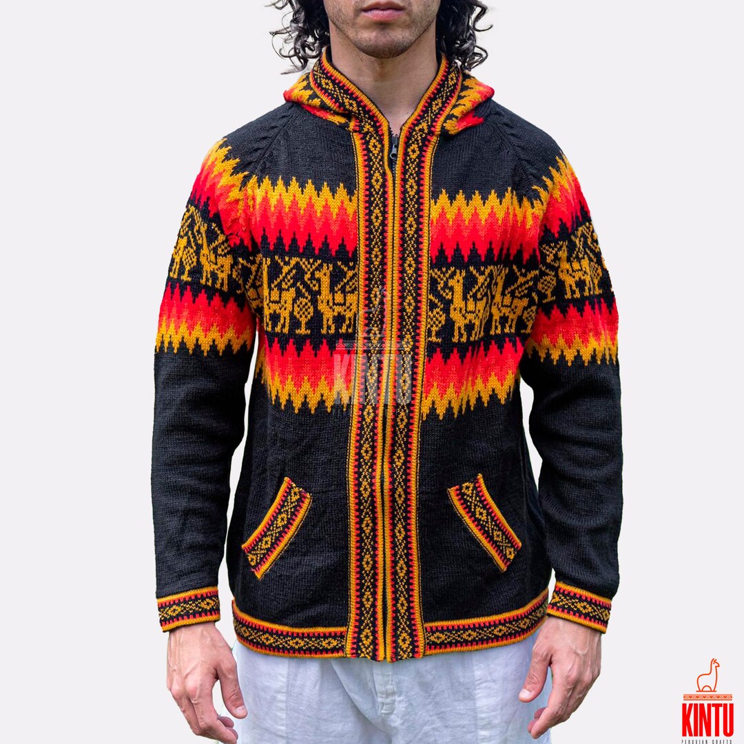Black Wool Hoodie Cardigan for Men - Ethnic Alpaca Wool Zip Sweater ...
