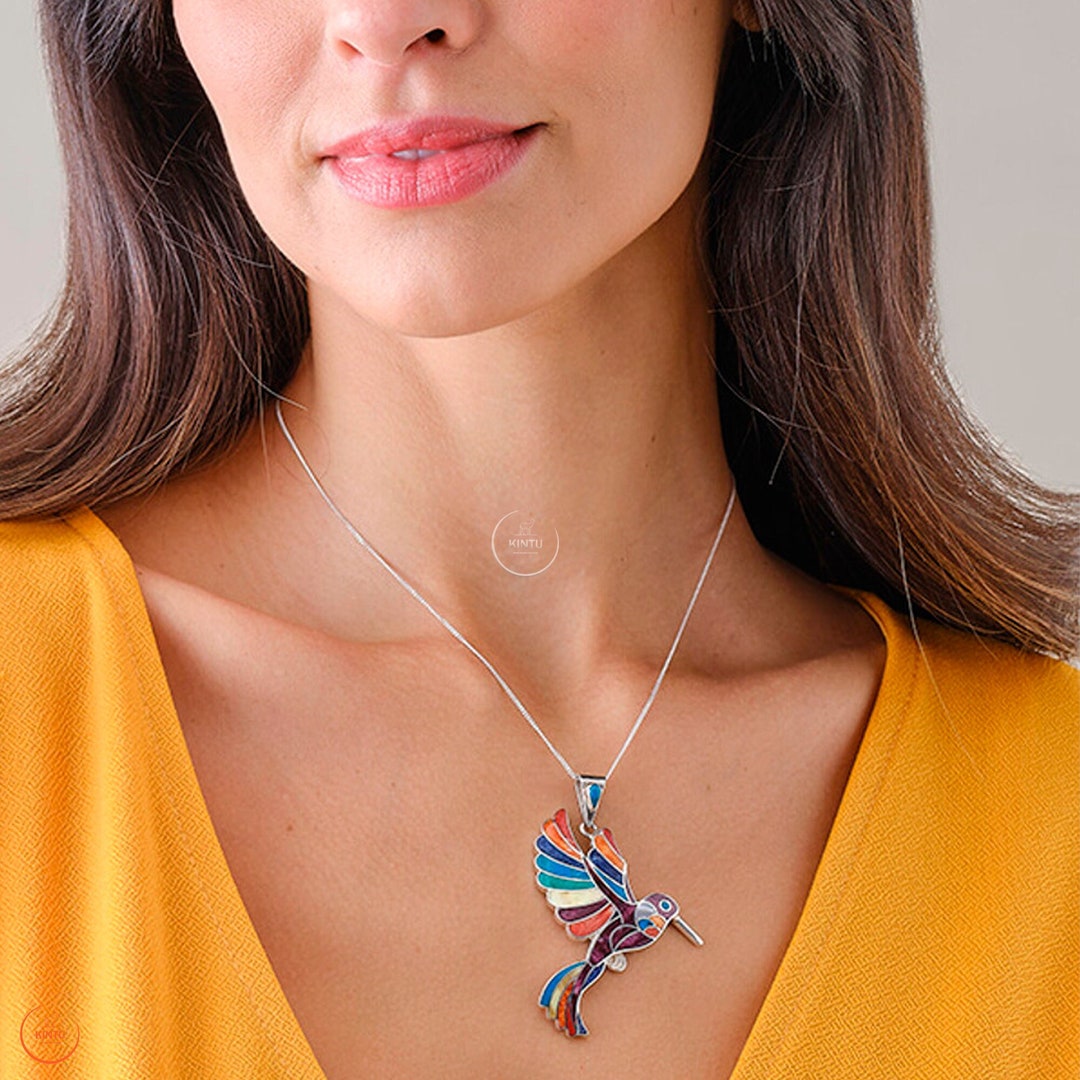 Natural Stone Hummingbird Pendant Necklace in 950 Sterling - Etsy