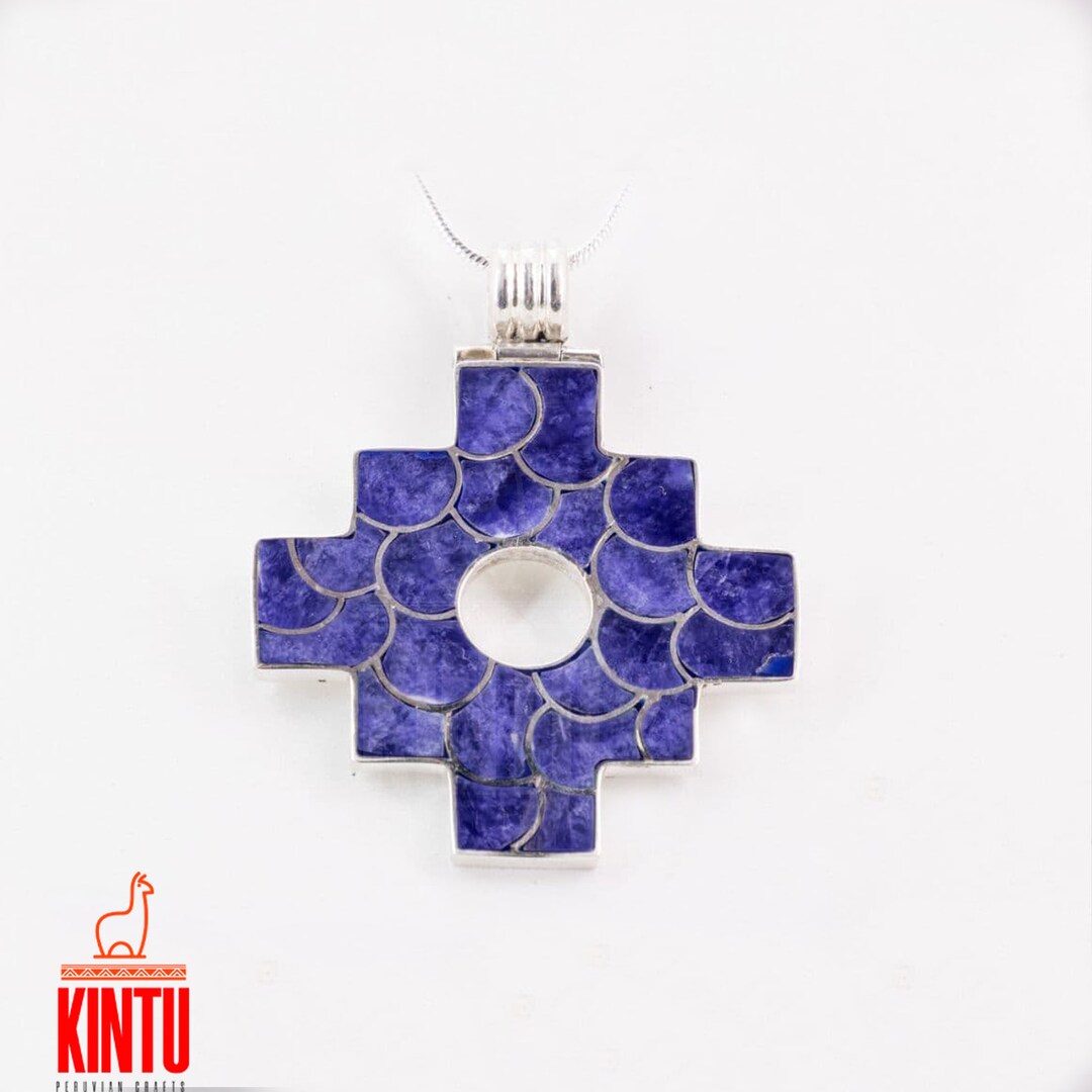 950 Silver Andean Cross Pendant With Natural Stone Inlay 2.16 Chakana ...