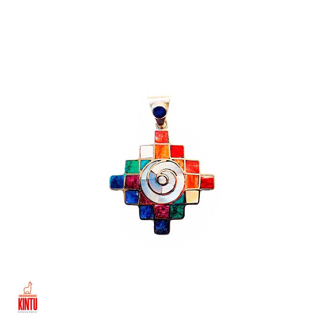 Chakana Pendant in 950 Silver With Natural Stones - Symbolic Andean ...