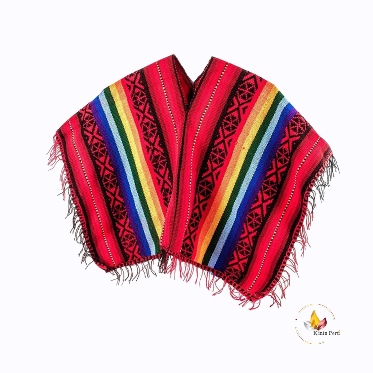 Traditional Peruvian Wool Blend Poncho - Red/black/rainbow - Child ...