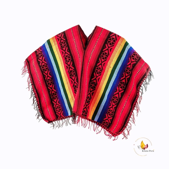 Traditional Peruvian Wool Blend Poncho Red/black/rainbow - Etsy