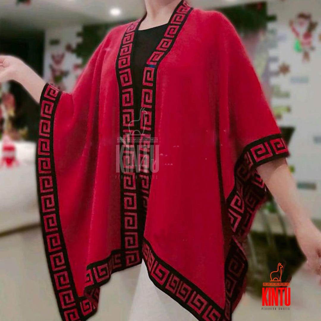 Alpaca Wool Poncho With Greek Key Design - Etsy