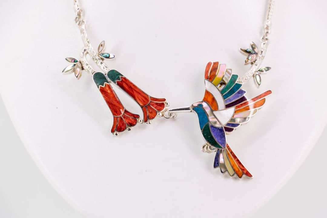 Hummingbird and Cantu Flower Pendant Earrings / Made in 950 Silver ...
