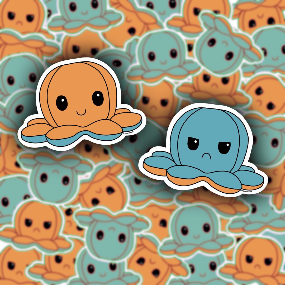 Happy and Mad Octopus Sticker - 2 Pack - Orange and Blue / Laptop ...