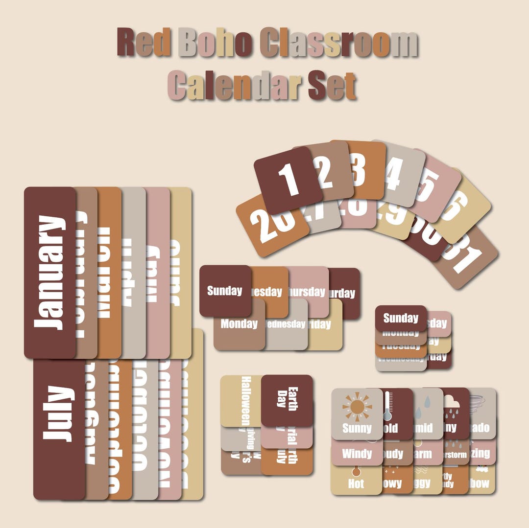 Red Boho Classroom Calendar Card Set / Classroom Calendar / Printable ...