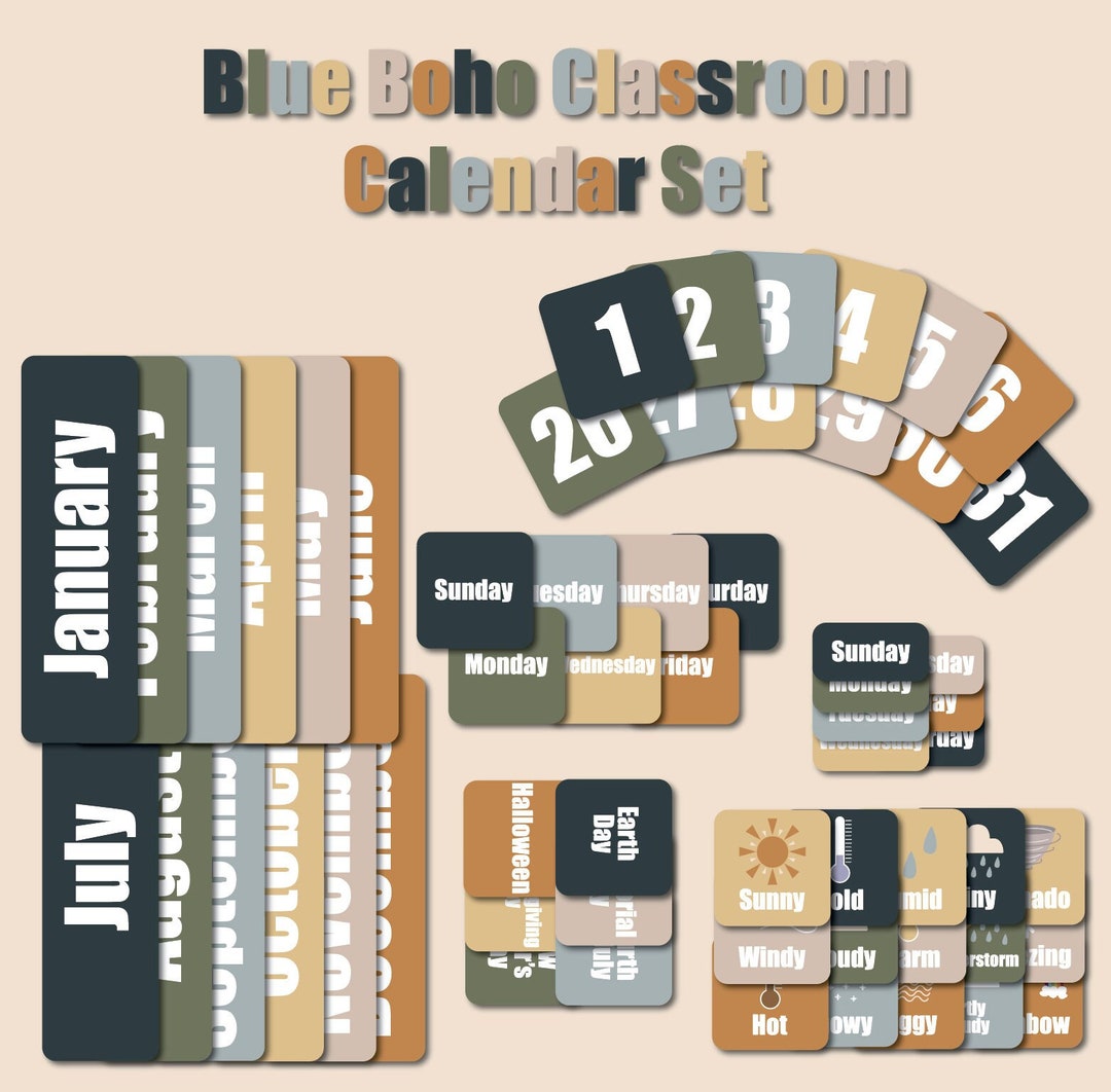 Blue Boho Classroom Calendar Card Set / Classroom Calendar / Printable ...