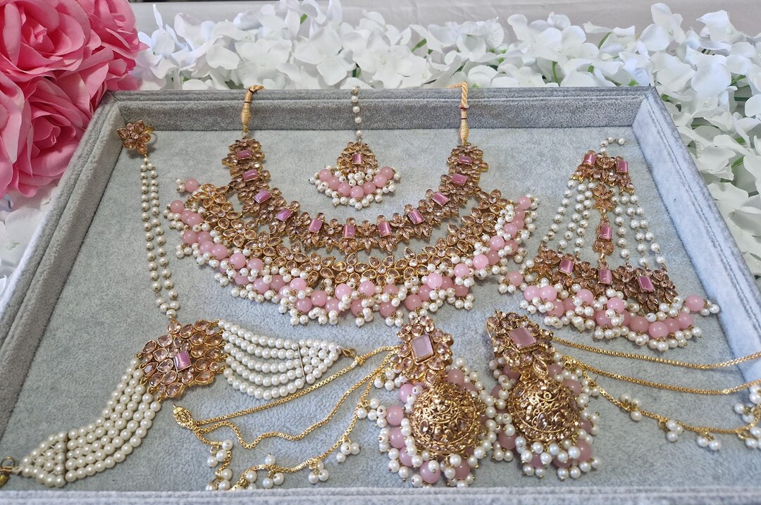 Pink Gold Asian Pakistani Indian Bridal Double Necklace Set for Wedding ...