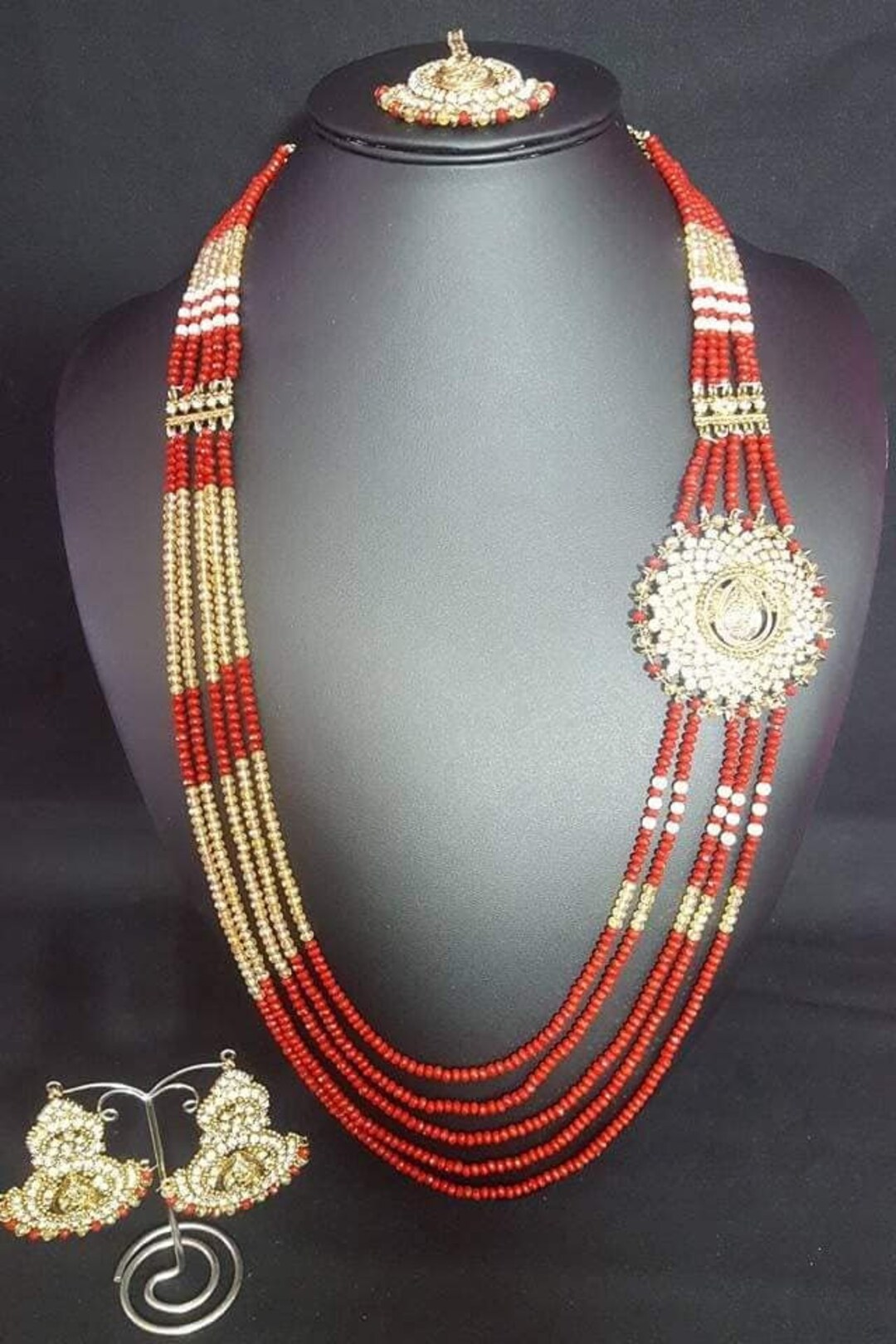 Red Orange Gold Long Malla Rani Haar Necklace Earrings Tikka Set Mehndi ...