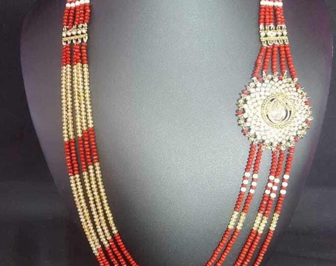 Red Orange Gold Long Malla Rani Haar Necklace Earrings Tikka Set Mehndi ...