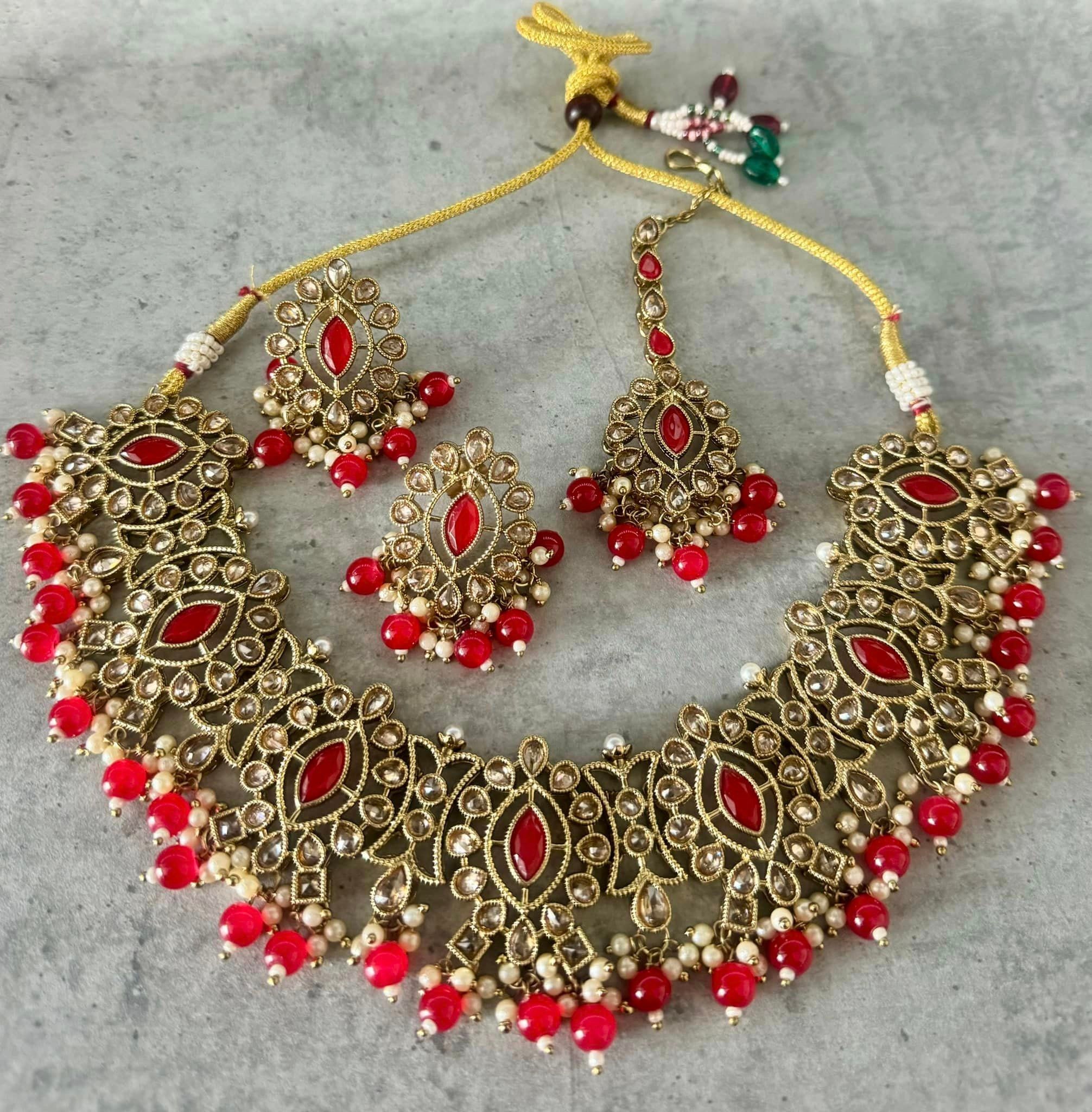 Red Gold Indian Pakistani Asian Jewellery Necklace Set Earrings Tikka ...