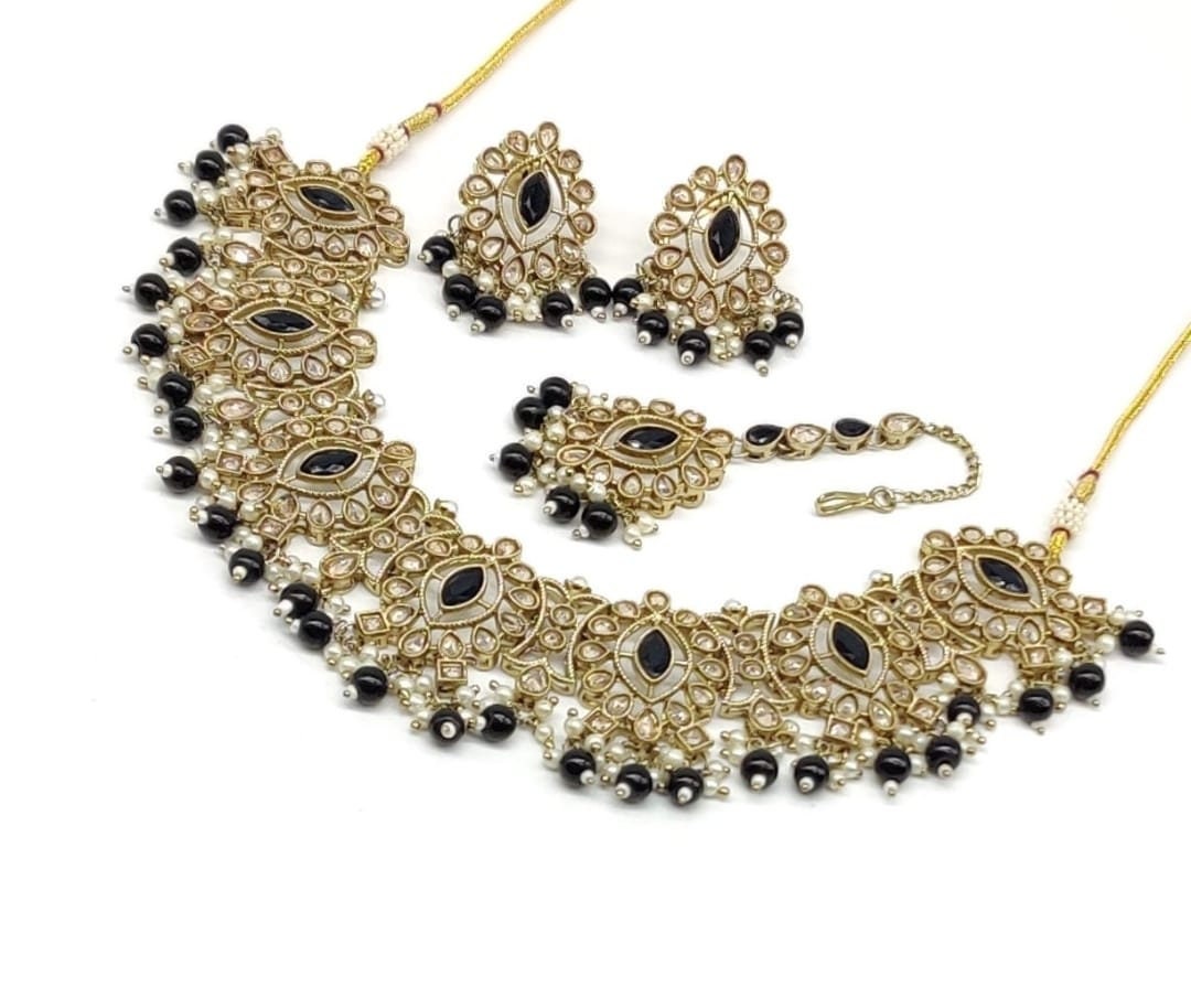 Black Gold Indian Pakistani Asian Jewellery Necklace Set Earrings Tikka ...