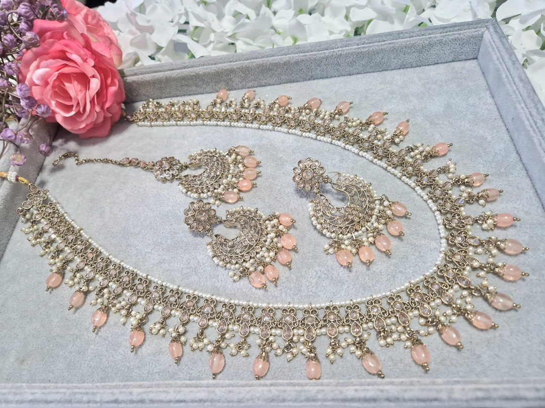 Pink Light Peach Gold Indian Pakistani Asian Jewellery Necklace Set ...