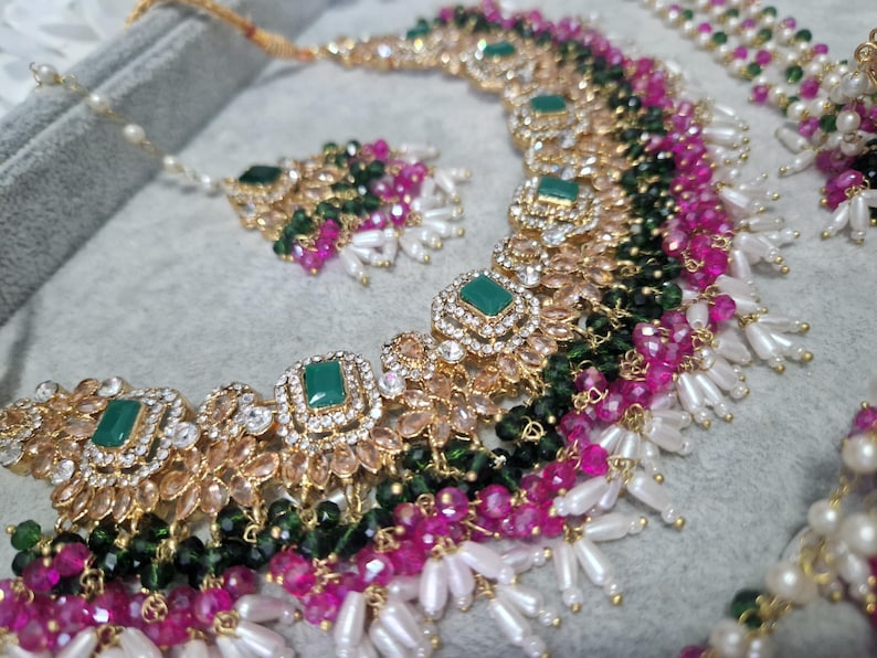 Nauratan Bridal Jewelry Set: Green, Pink, & Pearl Necklace Earrings ...