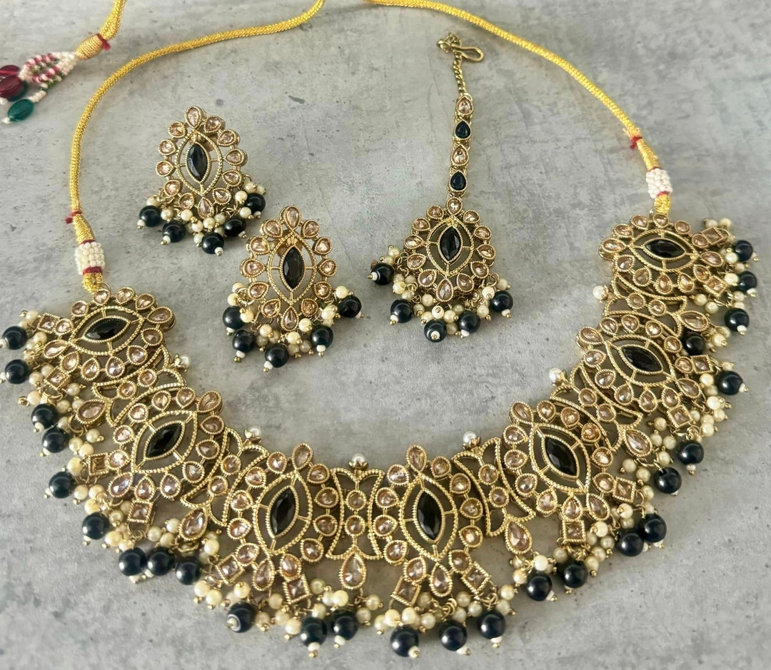 Black Gold Indian Pakistani Asian Jewellery Necklace Set Earrings Tikka ...