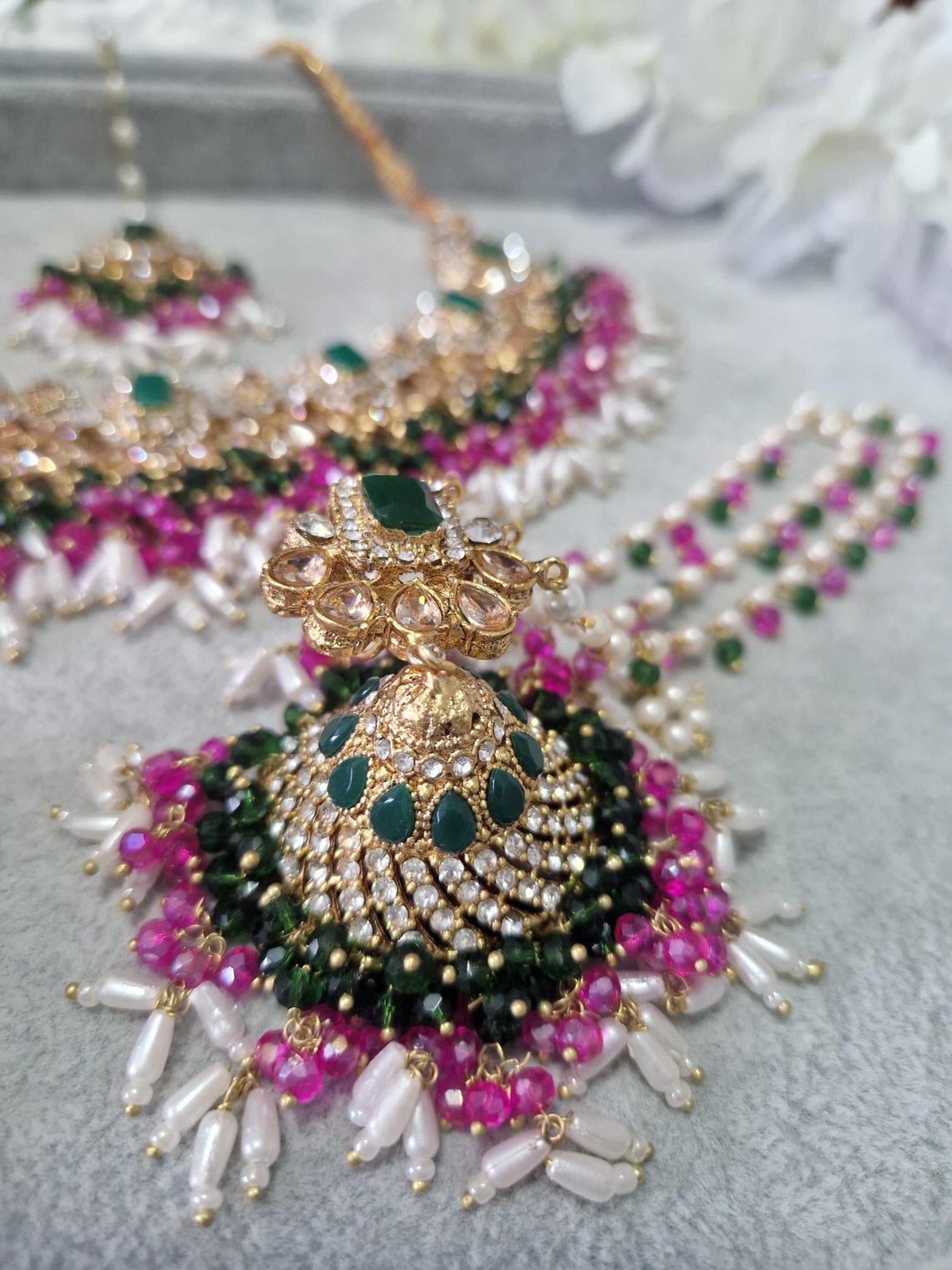 Nauratan Bridal Jewelry Set: Green, Pink, & Pearl Necklace Earrings ...