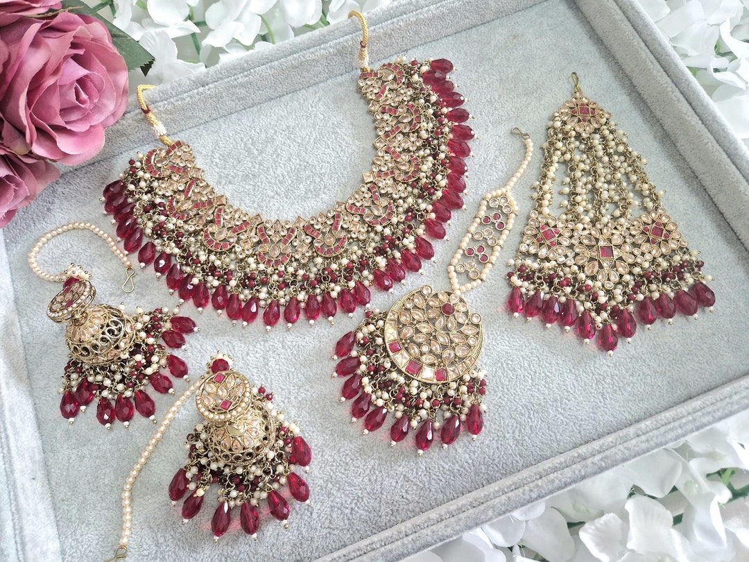 Maroon Crystal Bridal Jewelry Set: Gold Indian Wedding Necklace ...