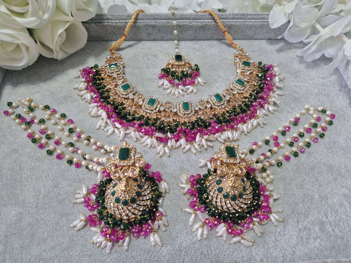 Nauratan Bridal Jewelry Set: Green, Pink, & Pearl Necklace Earrings ...
