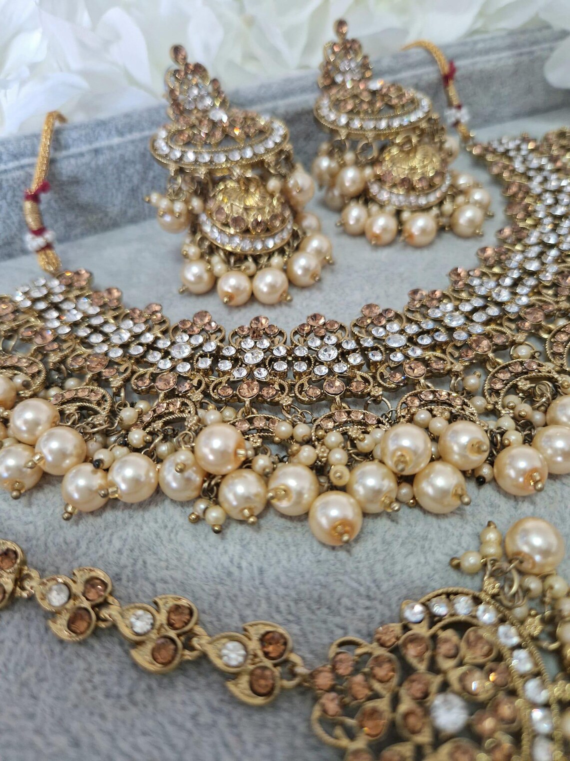 Champagne Gold Pearl Indian Jewelry Set: Wedding Necklace Earrings ...