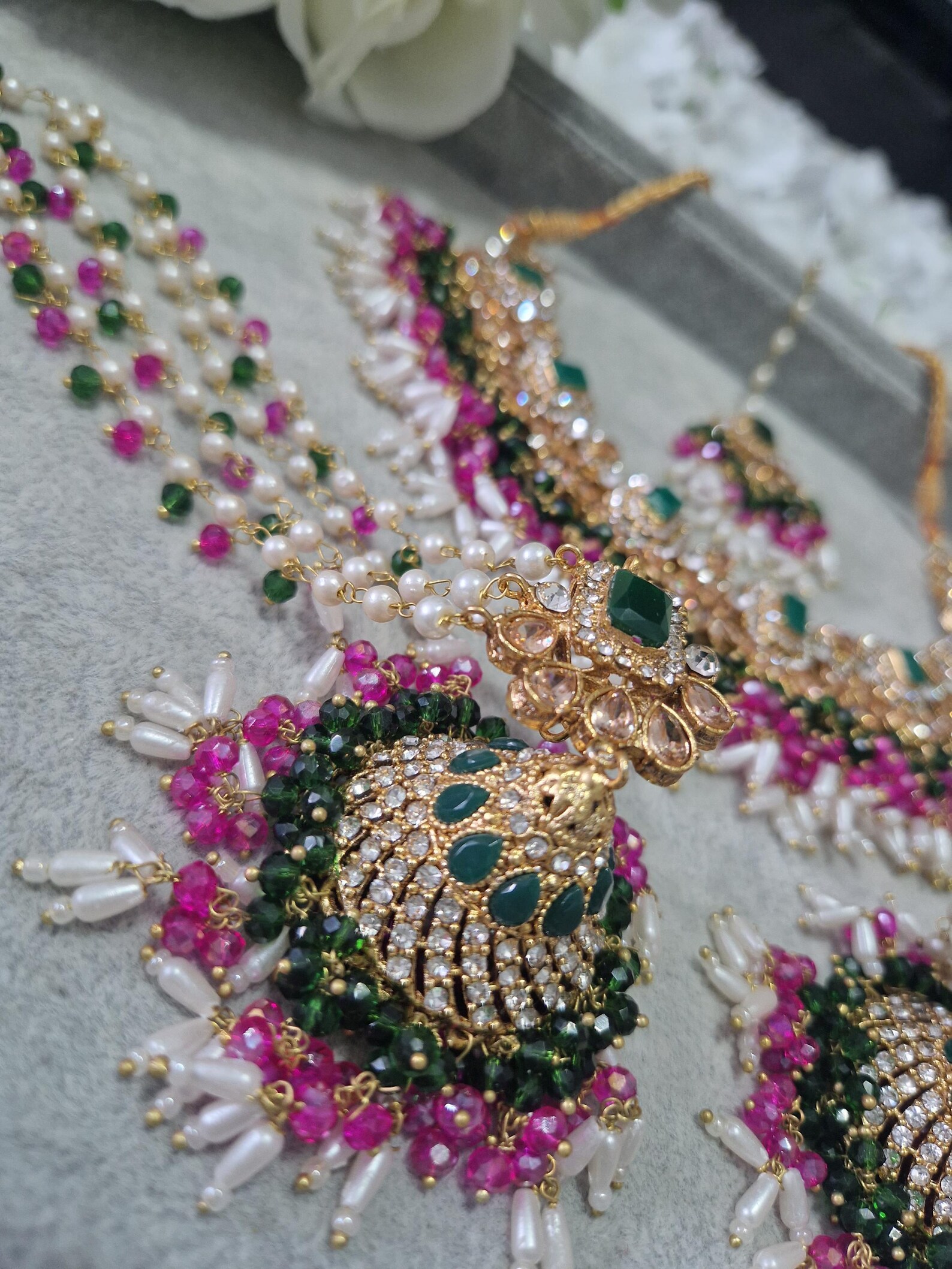 Nauratan Bridal Jewelry Set: Green, Pink, & Pearl Necklace Earrings ...