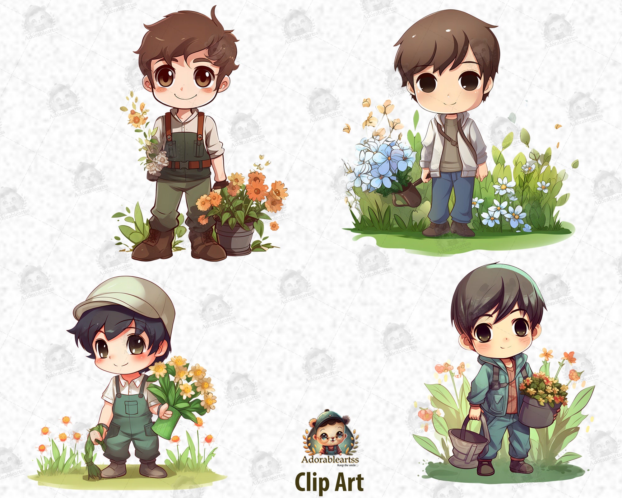 Gardening Cute Son Boy, Chibi Clipart, Plenner Boy, Flower, Love Nature ...