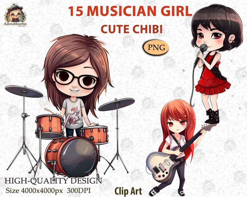 Cute Chibi Musician Clipart, Girl Musician Illustration, Drummer Girl ...