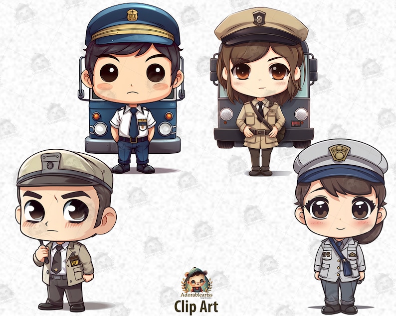 Happy Bus Driver, Girl and Boy Chibi Clipart, Public Transportation for ...