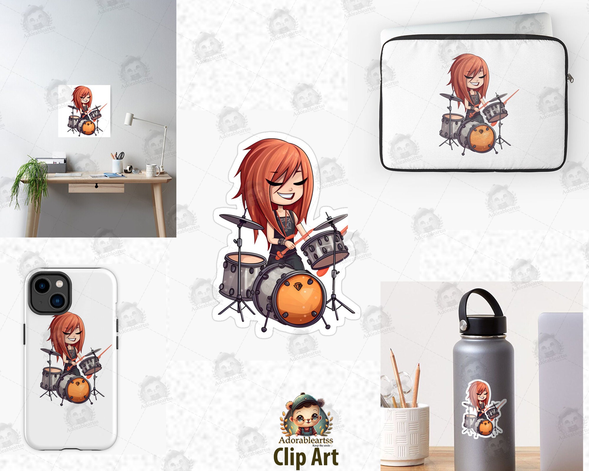 Cute Chibi Musician Clipart, Girl Musician Illustration, Drummer Girl ...