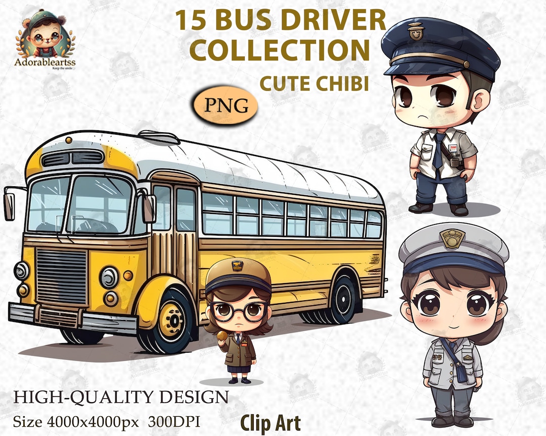 Happy Bus Driver, Girl and Boy Chibi Clipart, Public Transportation for ...
