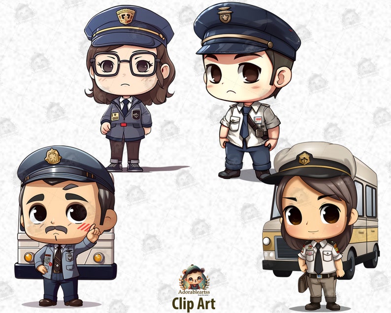 Happy Bus Driver, Girl and Boy Chibi Clipart, Public Transportation for ...