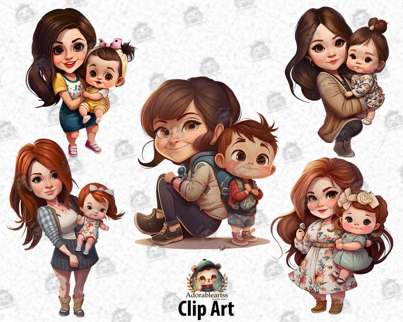 Mother and Kids Cute Chibi Clipart Mother and Daughter Cute - Etsy