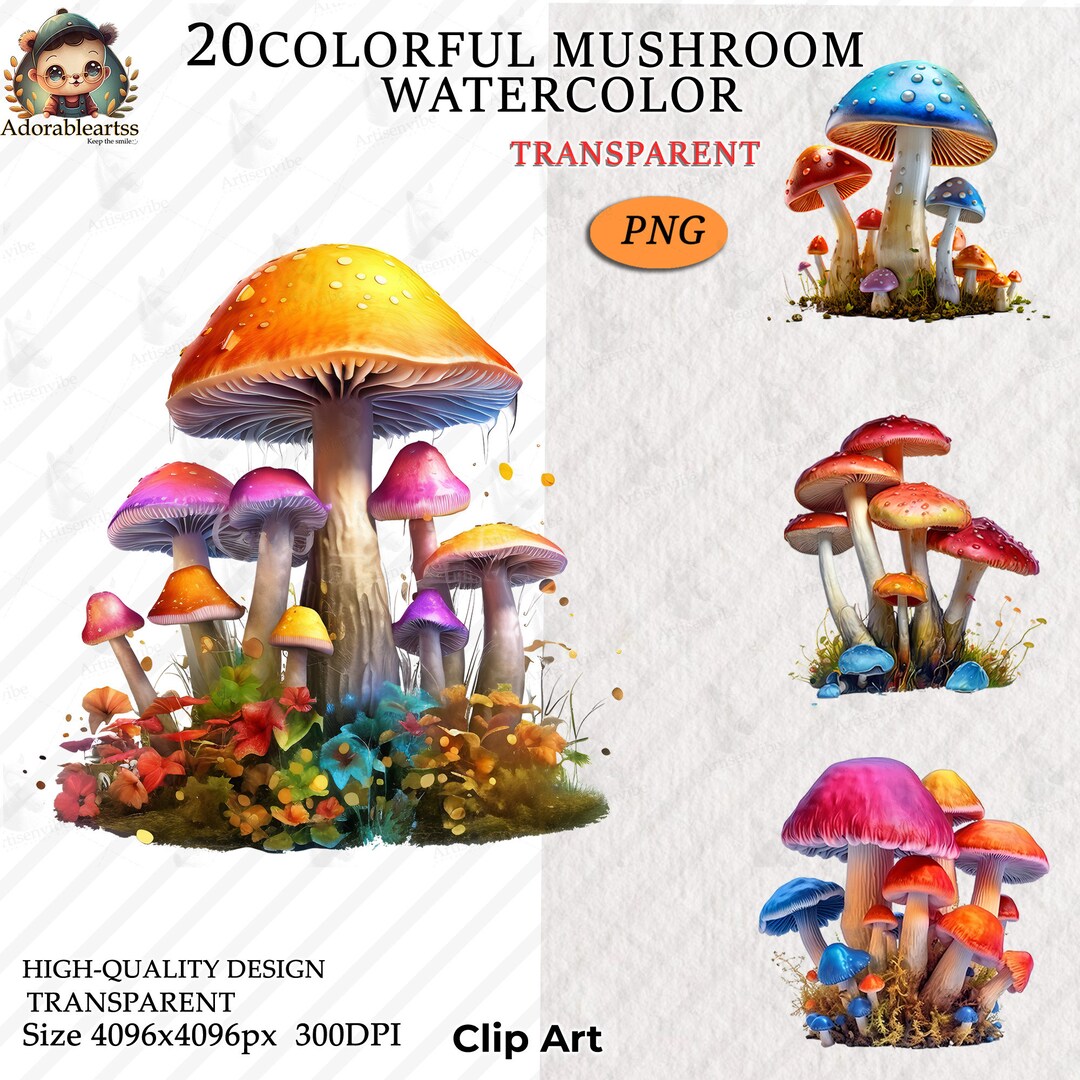 Watercolor Mushroom Clipart: 20 PNG Images, Commercial Use (digital ...