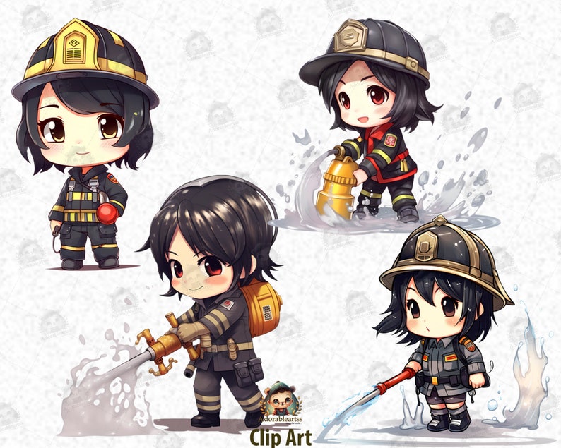 Cute Firefighter Girl and Boy Chibi Clipar Png Fire Building - Etsy