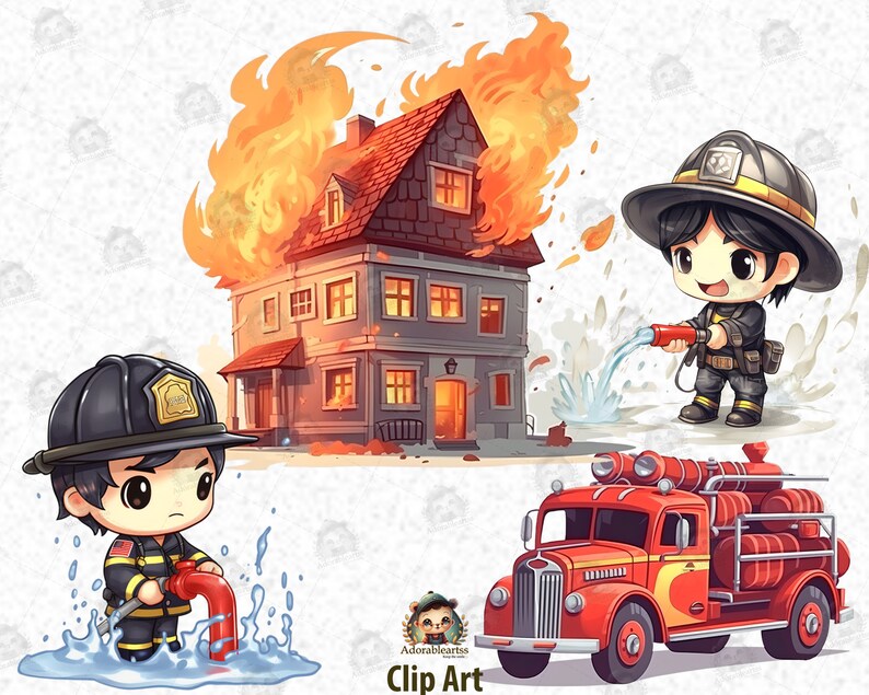 Cute Firefighter Girl and Boy Chibi Clipar Png Fire Building - Etsy