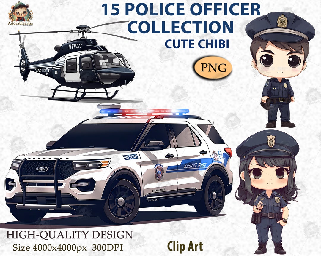 Cute Police Girl and Boy Officer Chibi Clipart PNG, Car, Helicopter ...