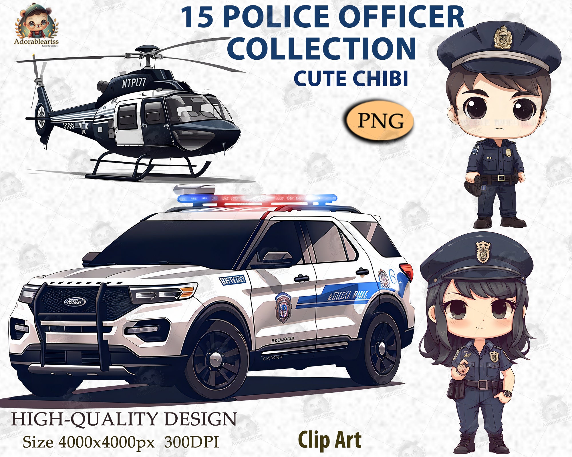 Cute Police Girl and Boy Officer Chibi Clipart PNG, Car, Helicopter ...