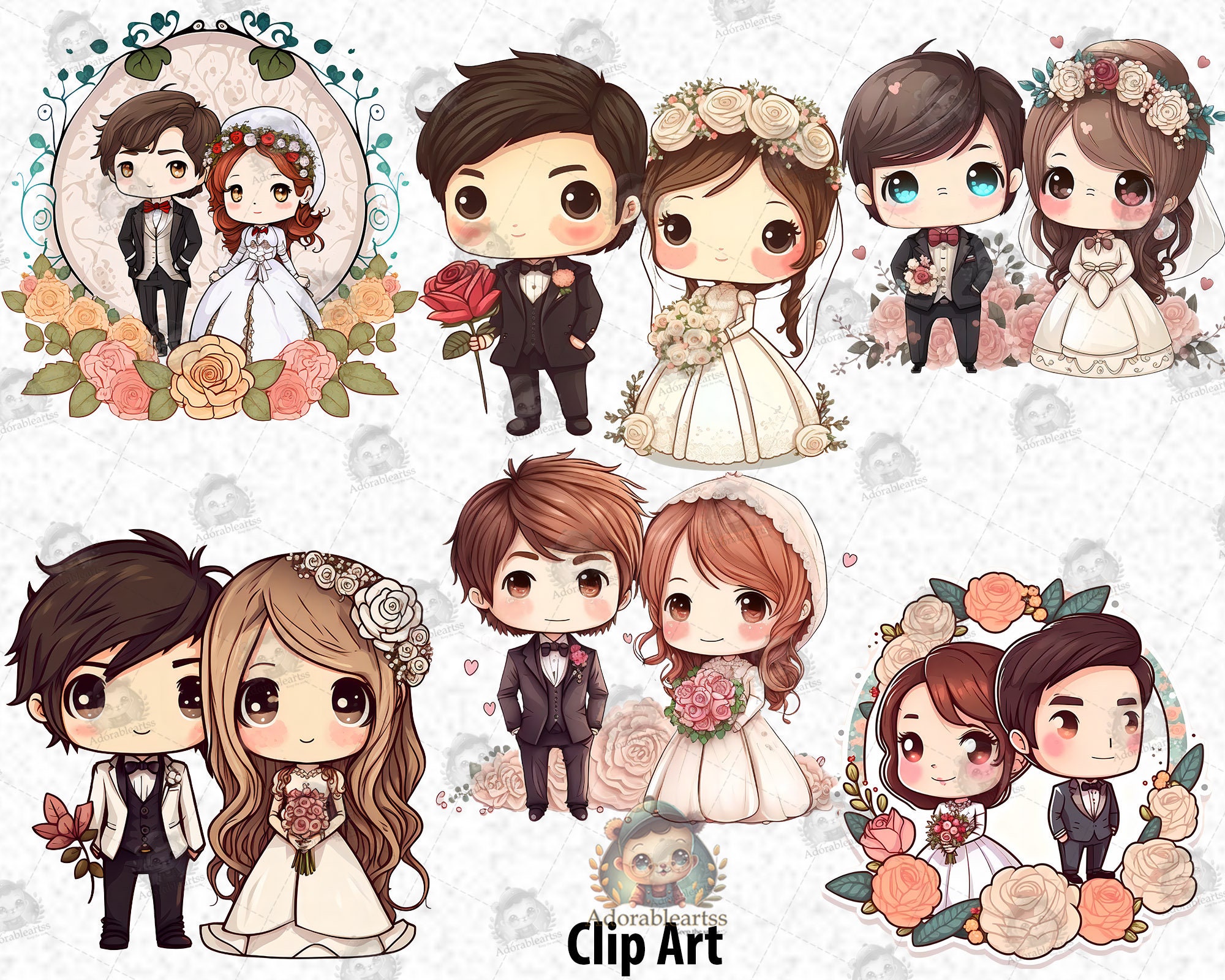 Wedding Dress Couple Chibi Cute Clipart Bride Groom Clipart - Etsy