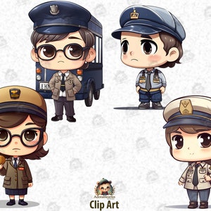 Happy Bus Driver, Girl and Boy Chibi Clipart, Public Transportation for ...