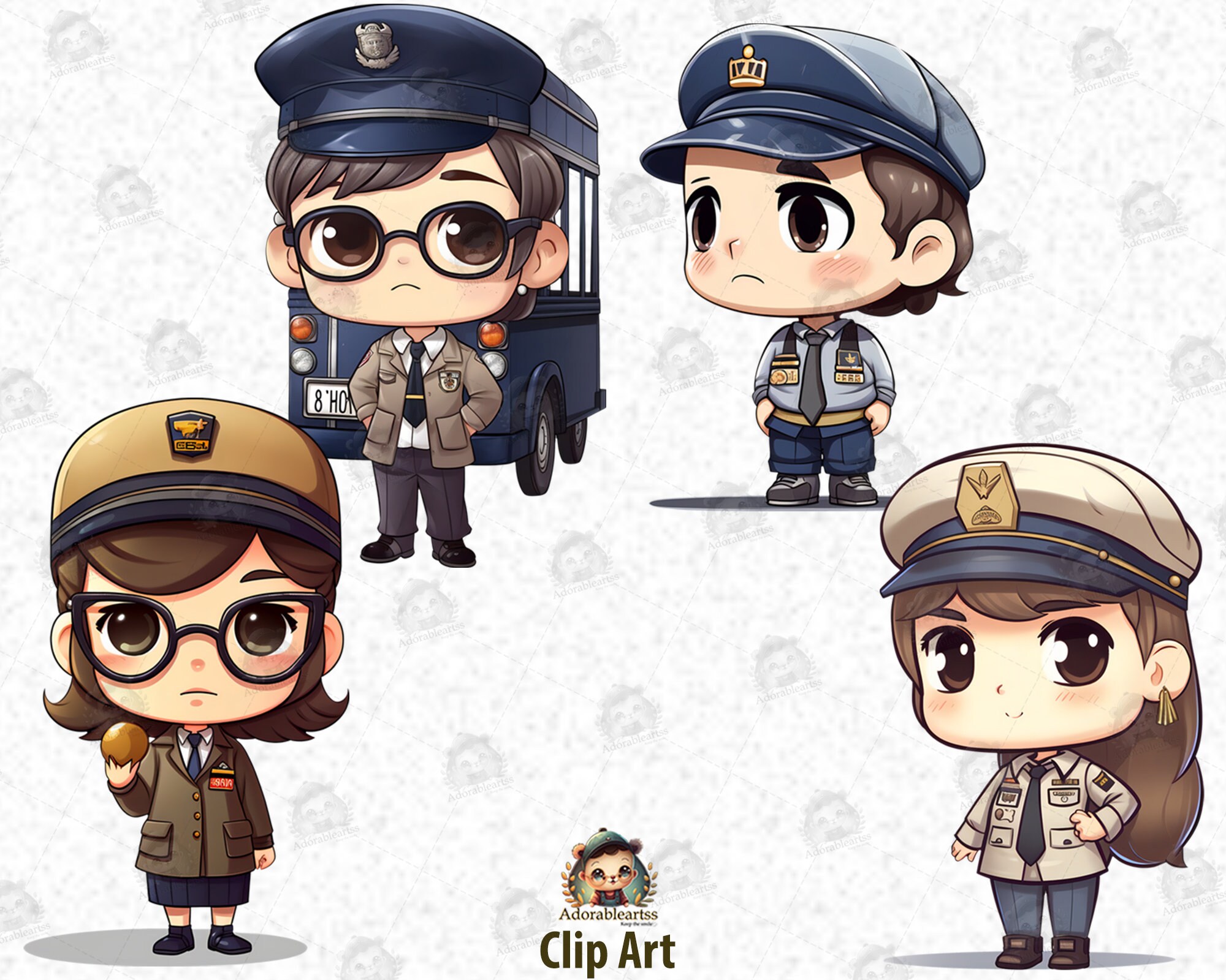 Happy Bus Driver, Girl and Boy Chibi Clipart, Public Transportation for ...