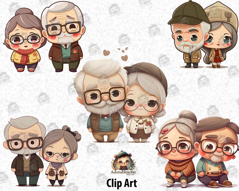 Old Happy Couple Cute Chibi Valentines Day Romantic Grandpa - Etsy