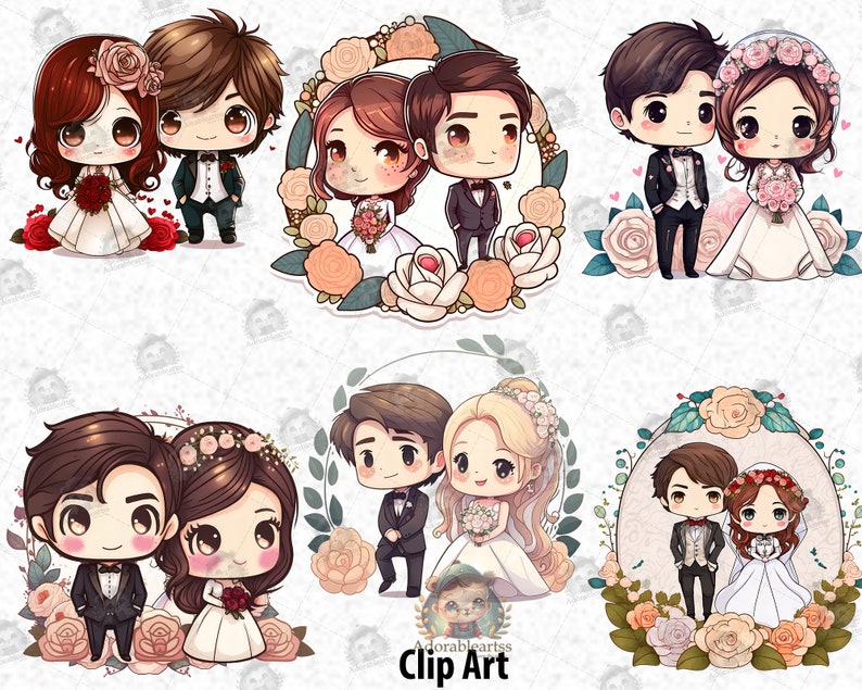 Wedding Dress Couple Chibi Cute Clipart Bride Groom Clipart - Etsy