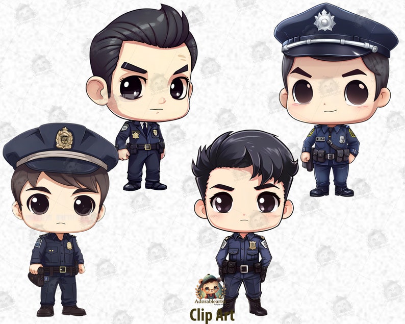 Cute Police Girl and Boy Officer Chibi Clipart PNG, Car, Helicopter ...
